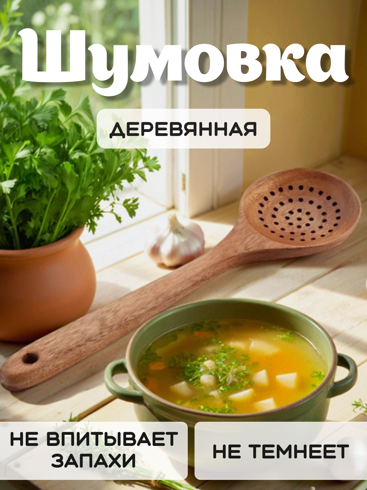 Шумовка Mirus Group, деревянная, перфорированная, длина 28см