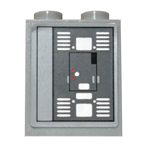 Brick 1 x 2 x 2 with Inside Stud Holder with SW Control Panel and White Stripes Pattern Model Right Side (Sticker) - Set 10221, 3245cpb138R Light Bluish Gray U