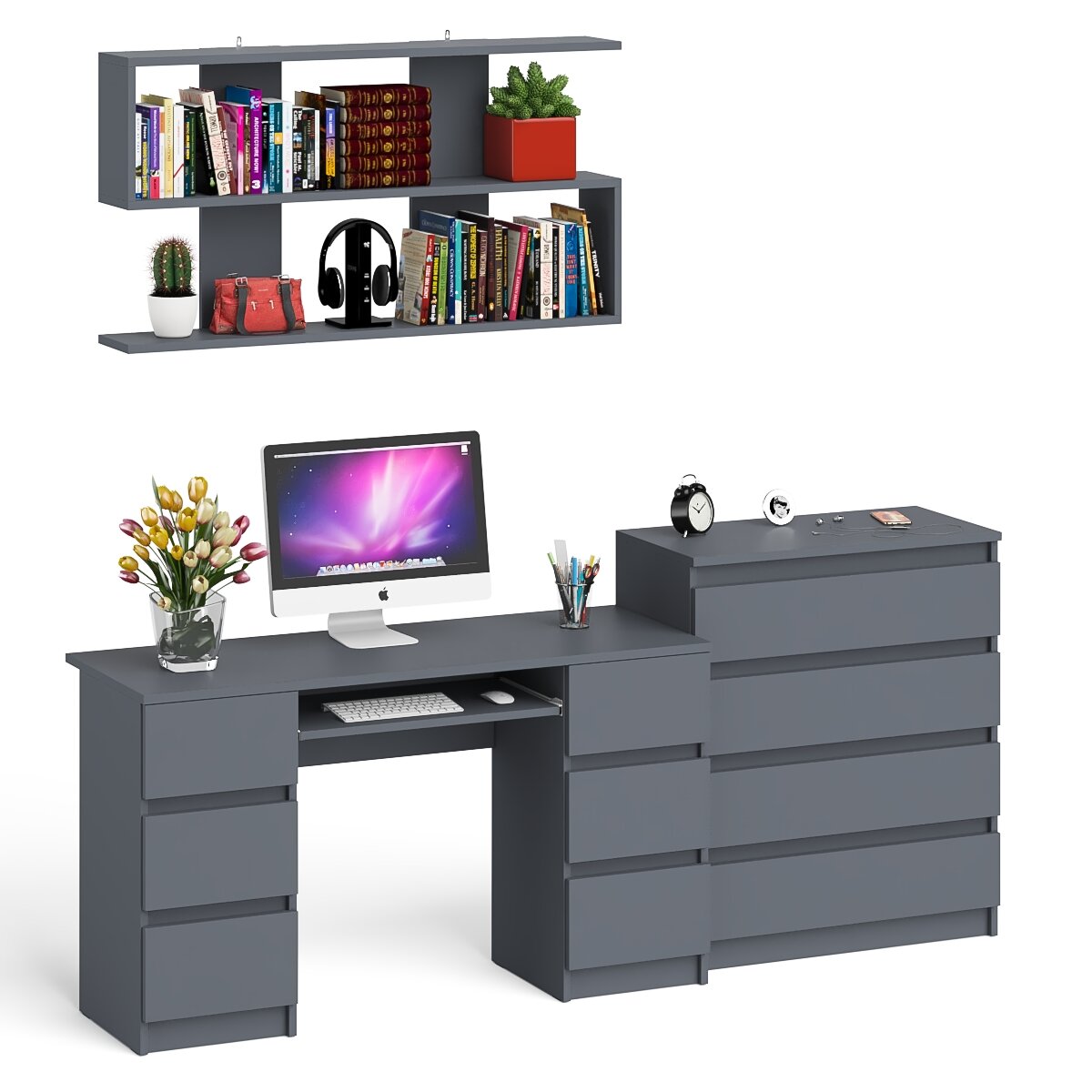 Стол письменный Мори МС-2 с комодом МК800 4 ящика и полкой 1200, графит, 215,8х50х209,6 см.