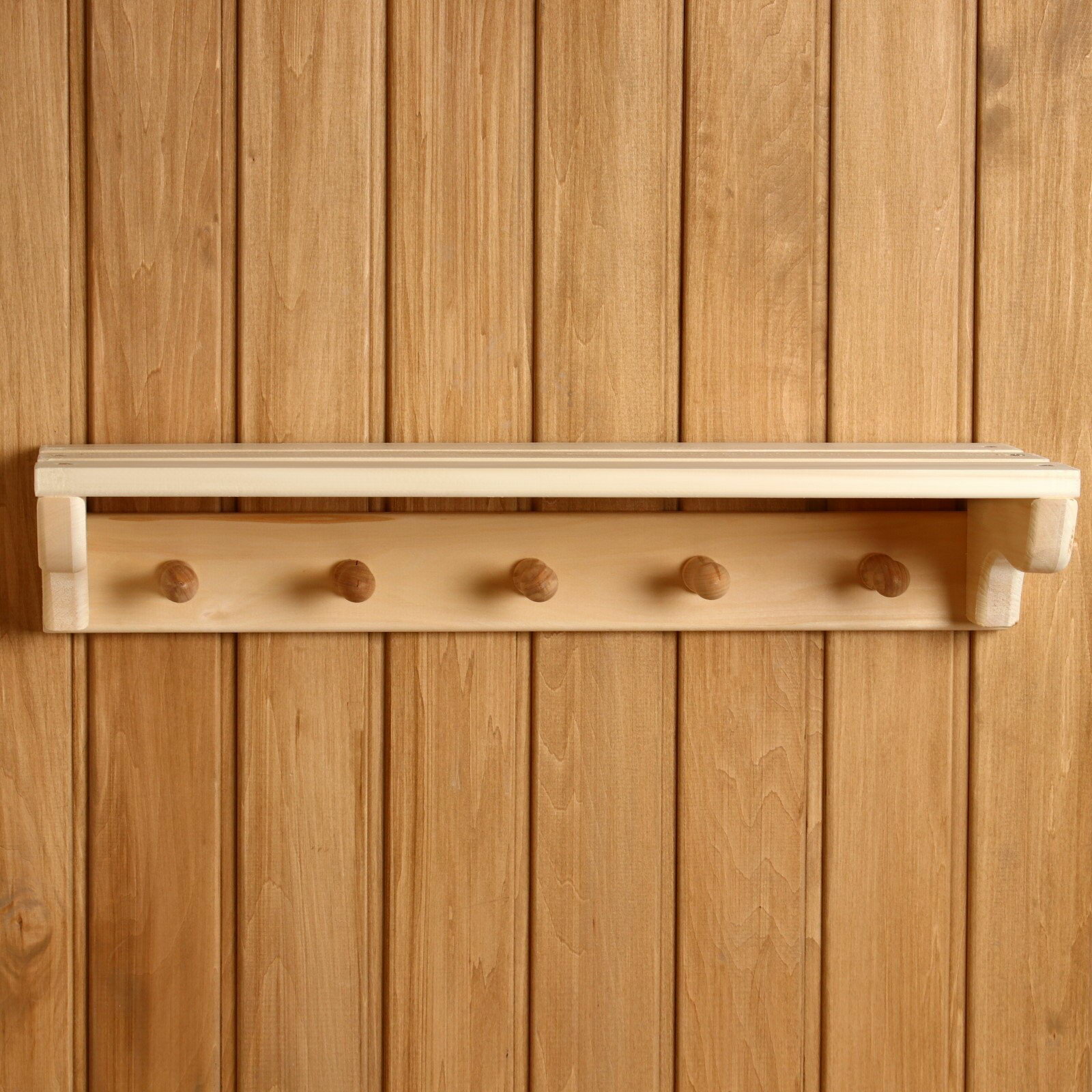 Полка - вешалка для бани и сауны, 57x18x12 см, деревянная, настенная, 5 крючков