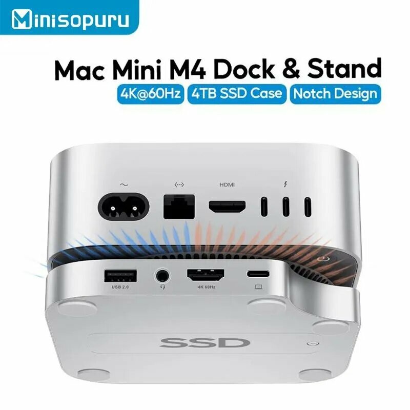 Minisopuru USB Док-станция для Mac Mini M4 / M4 PRO Hub & Stand / поддержива NVME M.2 SSD и 4K HDMI