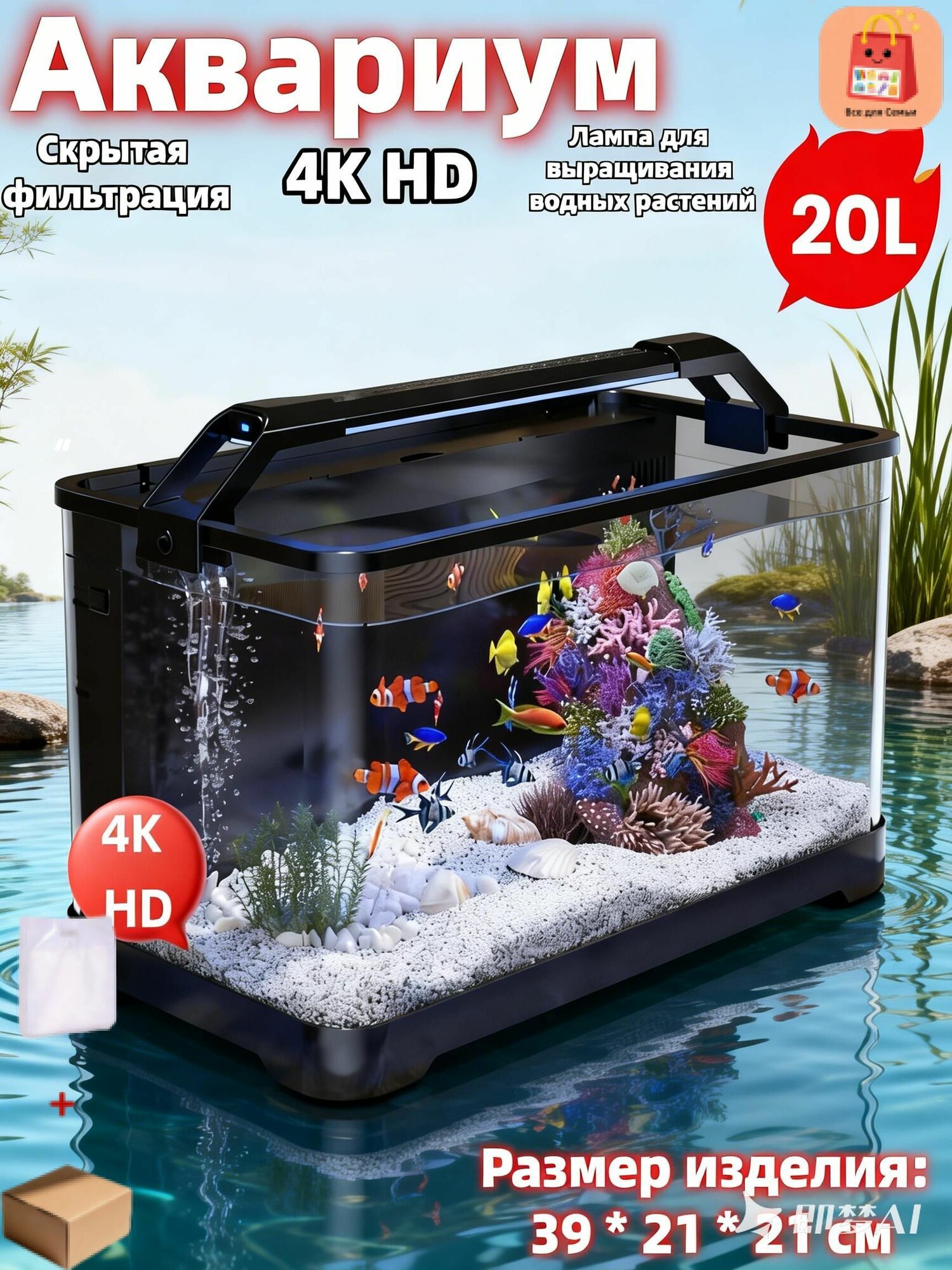 Аквариум для рыбок с подсветкой и фильтром и крышкой 20 литров