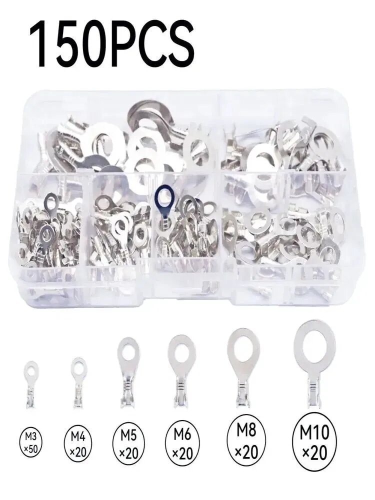 150 штук в коробке, Кольцевые наконечники неизолированные медные клеммы, M3/M4/M5/M6/M8/M10