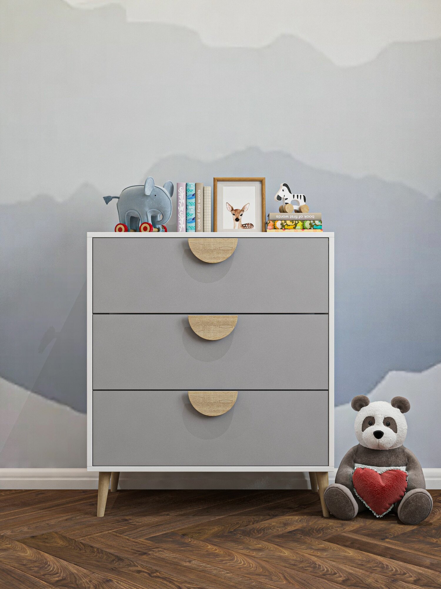 Комод Модерн серый детский с 3 ящиками на ножках деревянные ручки