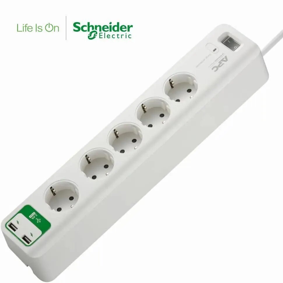 Schneider Electric APC Essential SurgeArrest PM5U-GR 5-контактная розетка с защитой от тока, 2 USB-порта 5 В-2,4 А