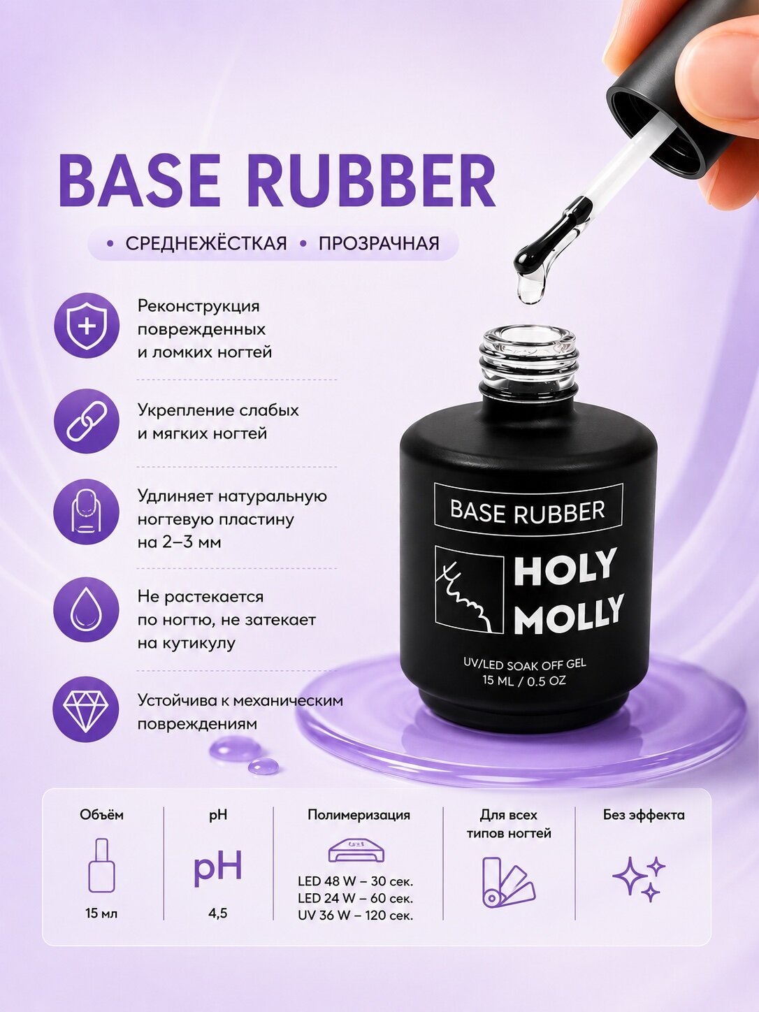 База для гель-лака Holy Molly Base Rubber 15 мл прозрачная, флакон с кистью