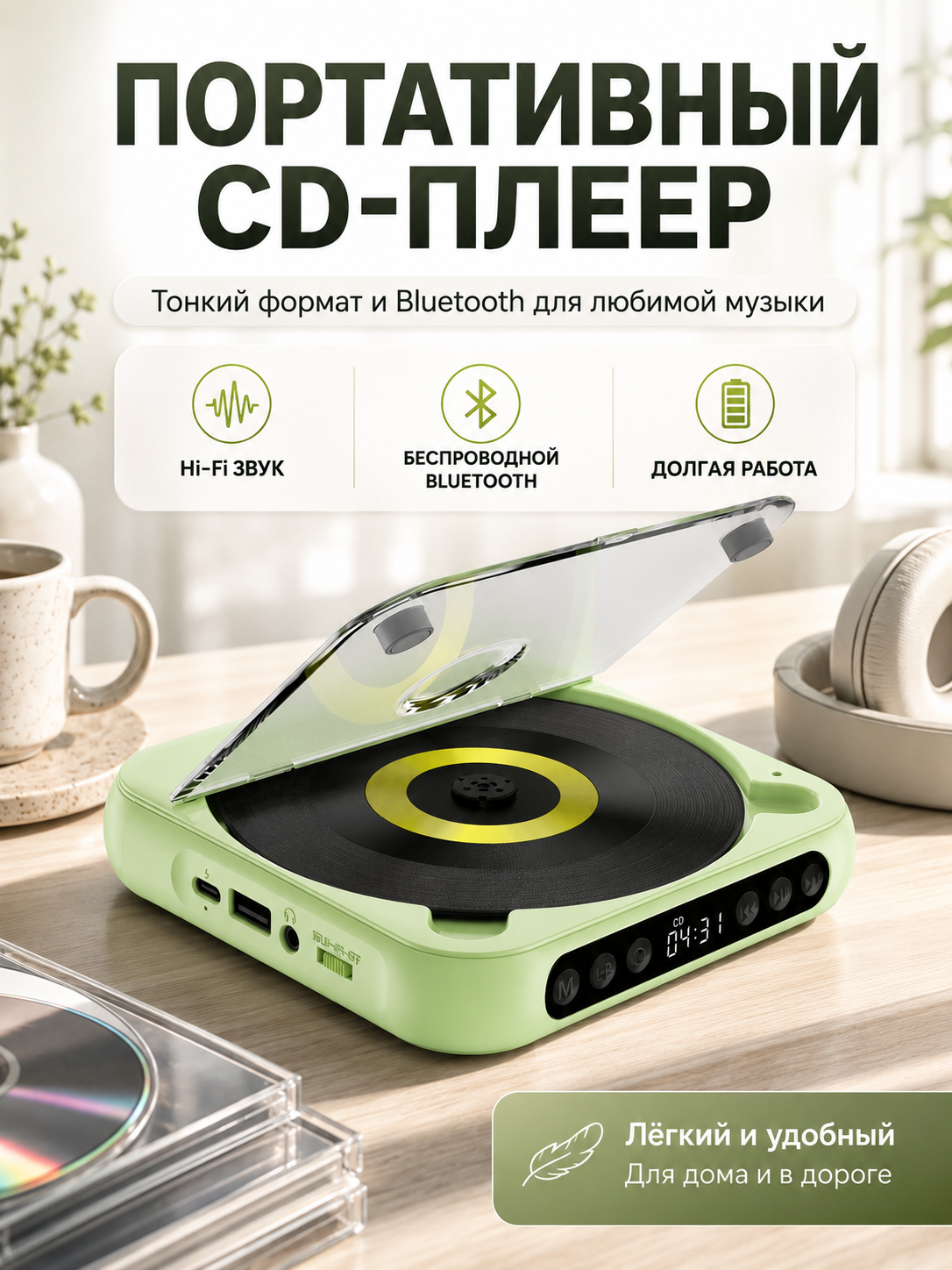 CD-плеер, портативный портативный компьютер, беспроводной Bluetooth, чтение дисков CD-R, воспроизведение музыки, выход 3,5 мм для аудио, зеленый,