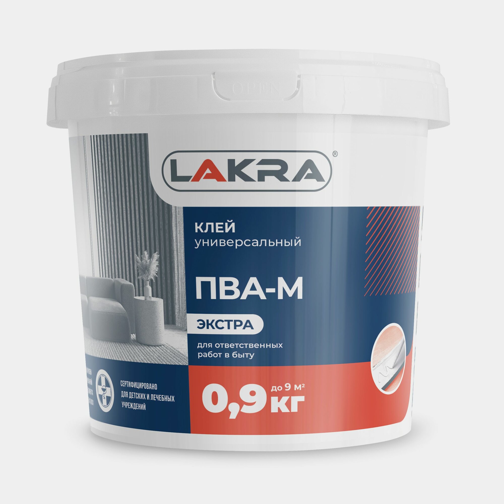 Клей Лакра ПВА-М Экстра Универсальный, для дерева, бумаги, кожи, линолеума, 0.9 кг