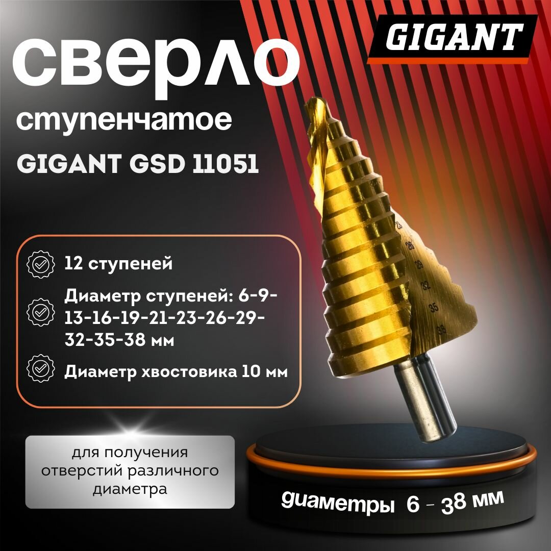 Сверло ступенчатое по металлу 6-38 мм конусное Gigant GSD 11051