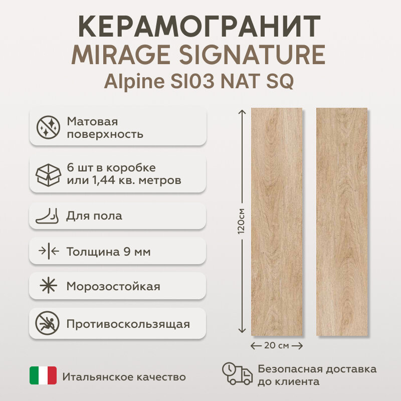 Керамогранит MIRAGE SIGNATURE Alpine SI03 NAT SQ 20x120 см, 1.44 кв. м (6 шт в упак)