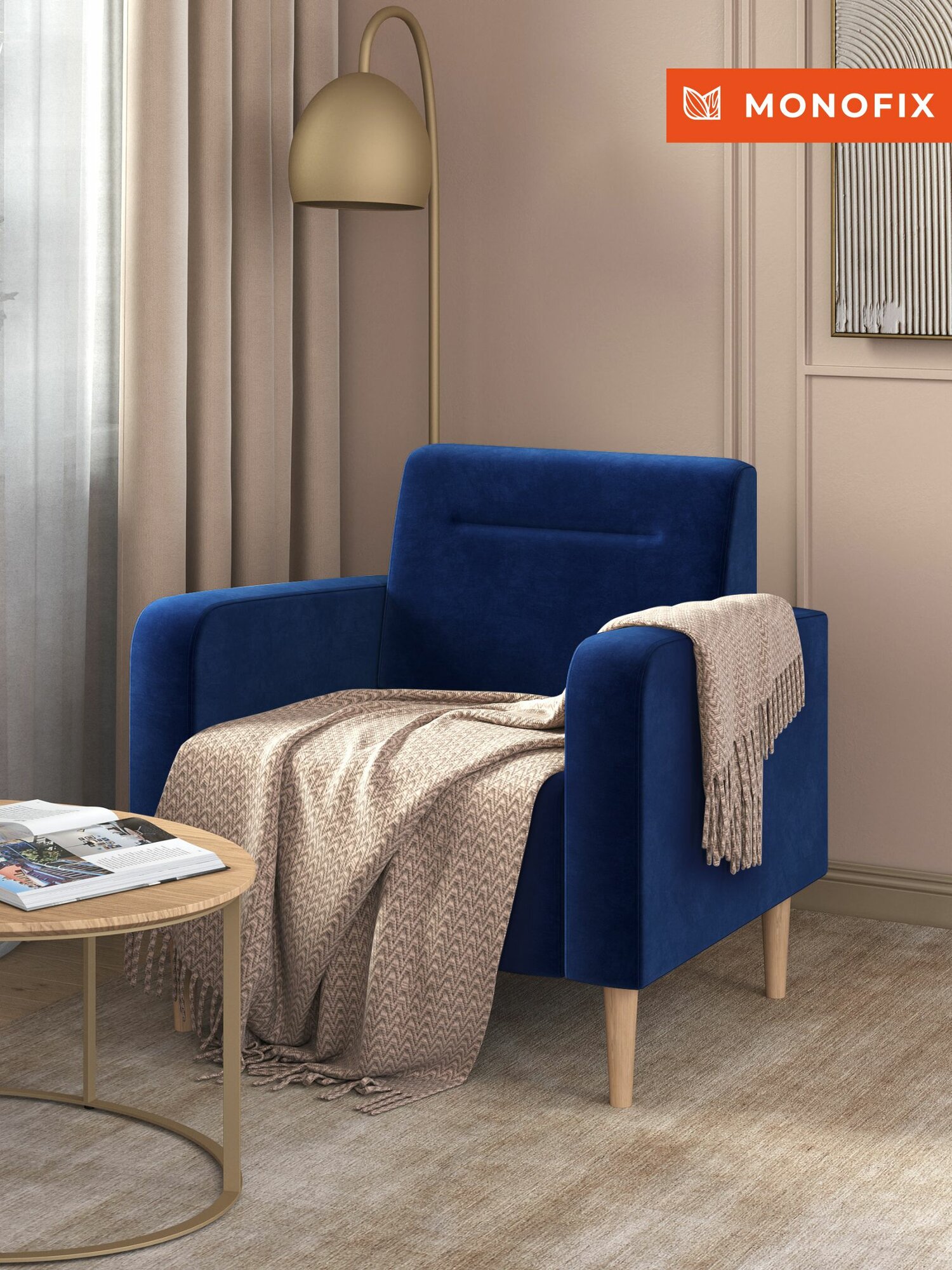 Мягкое кресло MONOFIX фоксет для отдыха в гостиную, велюр синий (№26)