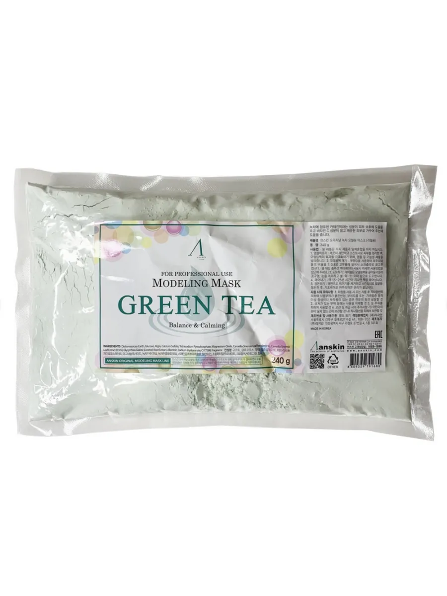Маска Anskin Green Tea Modeling Mask, альгинатная с экстрактом зеленого чая успокаивающая, с антиоксидантами, 240 г пакет