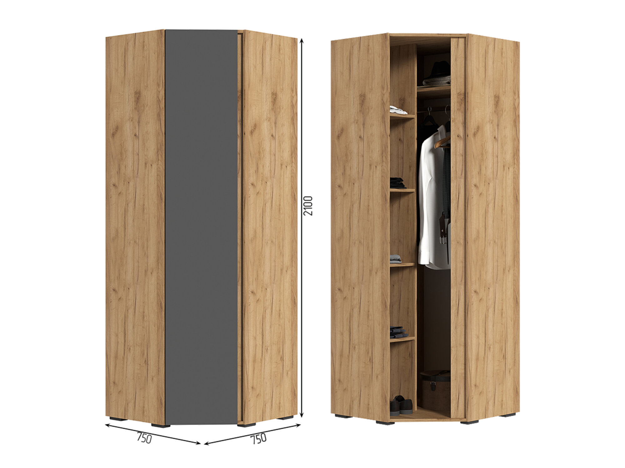 Шкаф угловой Хелен ШК-04 (0,748х2,100х0,748) Дуб крафт золото - Серый графит