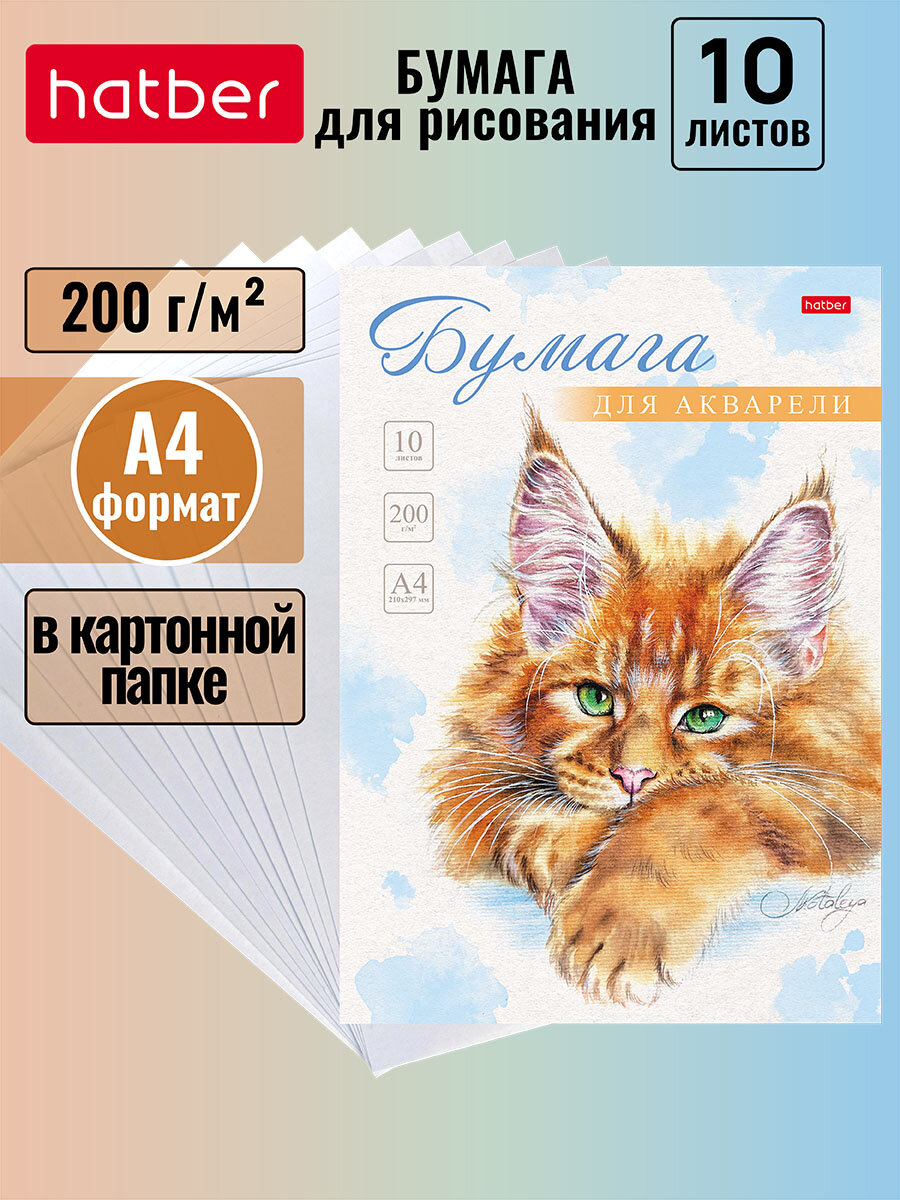 Набор бумаги для рисования акварелью 10 листов А4 200г/кв. м в папке, тиснение-Рыжий котик-