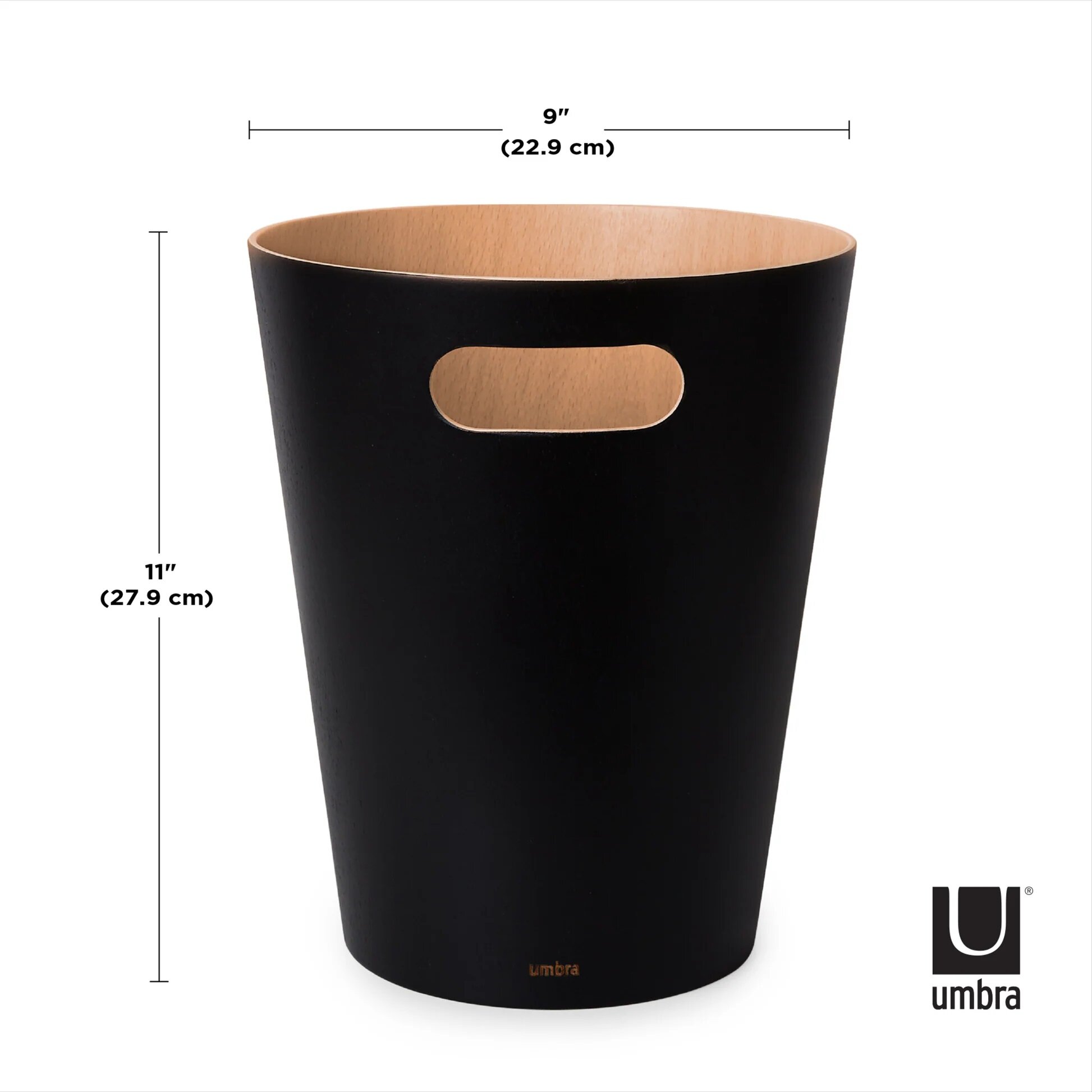 Корзина для мусора Umbra Woodrow, деревянная, круглая, с ручкой, чёрная, 7.5 л