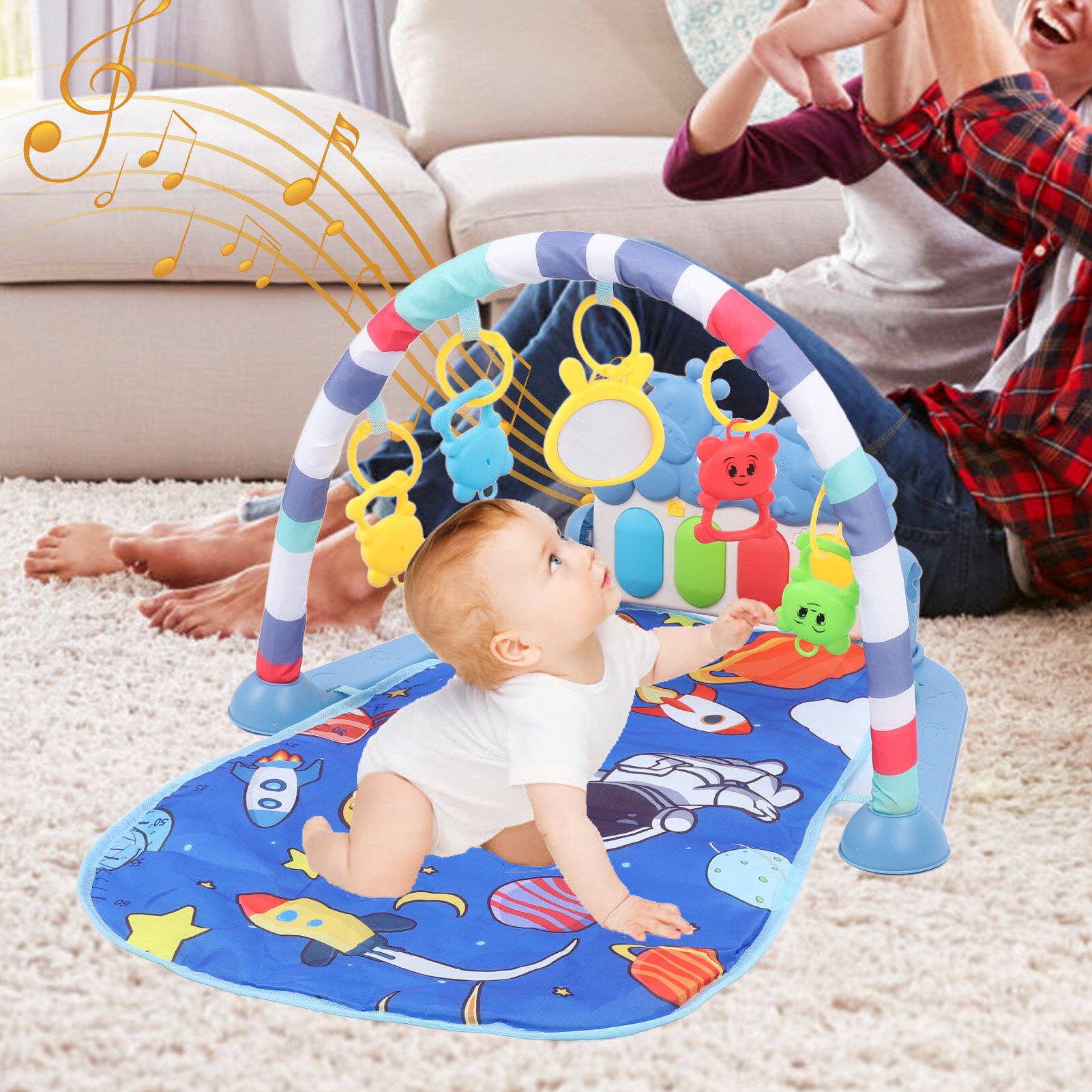 Мат для игры детский тренажер с колокольчиками и пианино, разборный, музыкальный, для время на животе, для новорожденных, 0-36 месяцев, цветной, размер 75x58x40 см, ABS, электронные компоненты, 1 коврик, 4 подвесных колокольчика, 1 зеркало, 5 крюков, 1