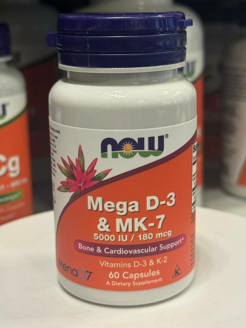 NOW Mega D-3 & MK-7 5000 IU/180 mcg, Витамин D-3 и Витамин K-2 для крепких костей и здорового сердца, 60 капсул