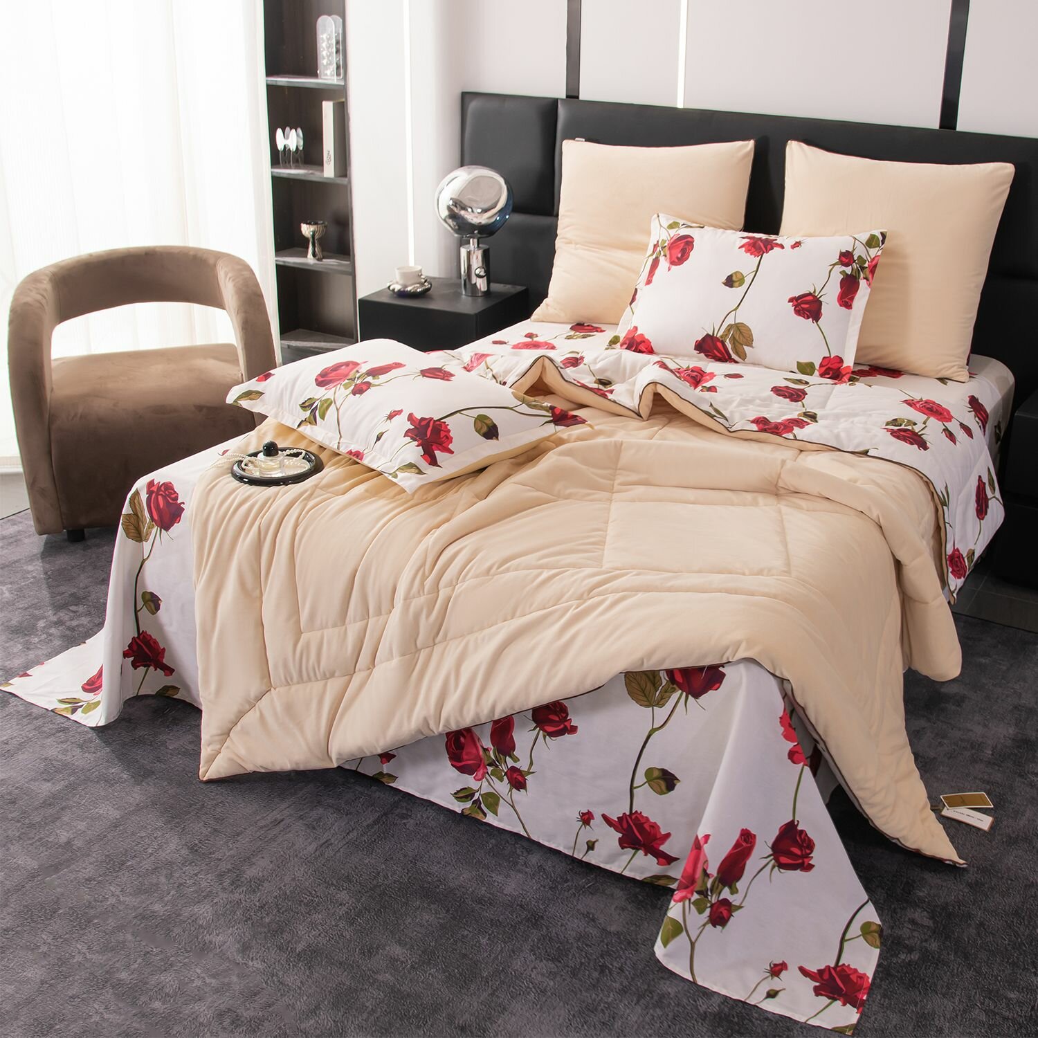 Постельное белье VIVA HOME TEXTILE, сатин, велюр, евро стандарт, белое/бежевое