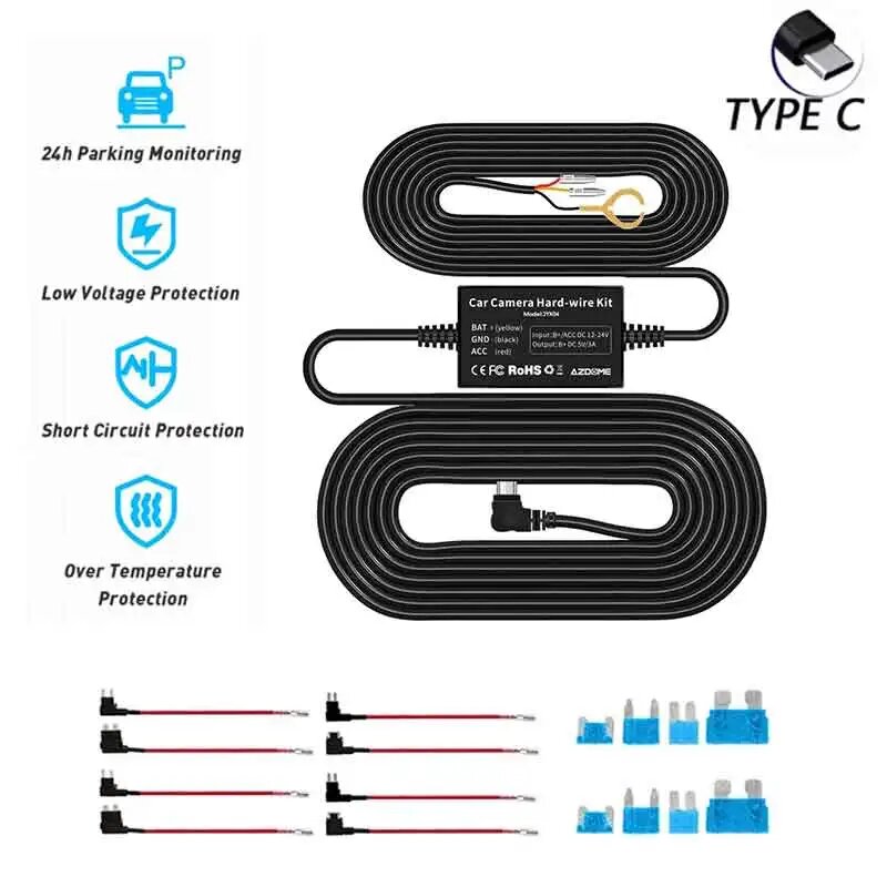 Автомобильный видеорегистратор, комплект жесткого провода, предохранитель для AZDOME M550 Pro/GM550 Max/PG17/M660/M300S/GS63H, защита от низкого напряжения, порт Type-c, кабель питания ACC