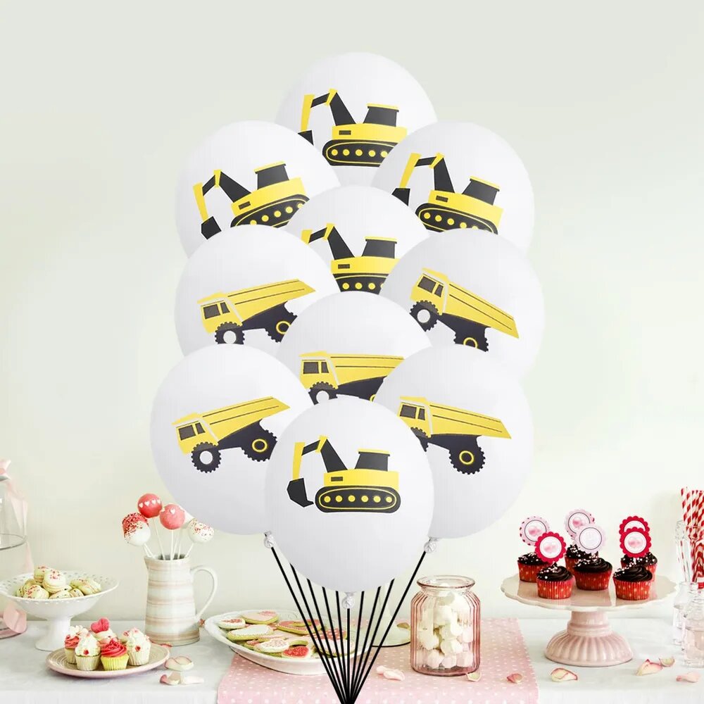 Набор белых латексных шаров с рисунком экскаватора и самосвала для украшения праздника из 10 шт