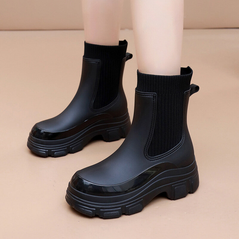 Новые женские резиновые сапоги, резиновые сапоги Martin, водонепроницаемые резиновые сапоги на толстой подошве из трикотажной ткани Flyknit, рабочая обувь для активного отдыха, галоши. Размер обуви. EU:38