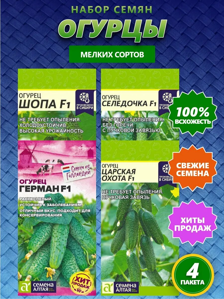 Набор семян огурцов корнишонов и пикулей маленькие сортов, 4 сорта