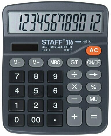 2 шт. Калькулятор настольный STAFF PLUS DC-111 (180x145 мм), 12 разрядов, двойное питание, +батарейка АА, 250427
