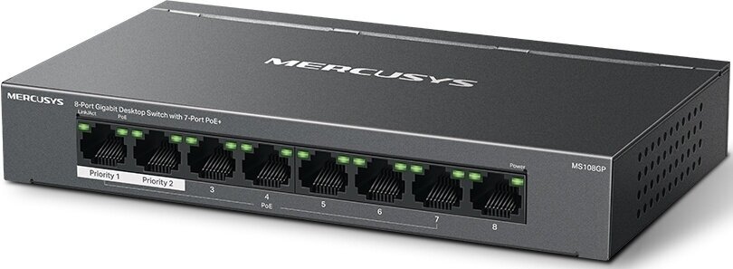 Коммутатор Mercusys MS108GP черный, неуправляемый, 8G, 7PoE