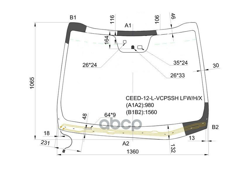 Стекло лобовое (Обогрев щеток/ Датчик дождя/ Место под датчик запотевания) Kia Ceed 12-16 XYG арт. CEED-12-L-VCPSSH LFW/H/X