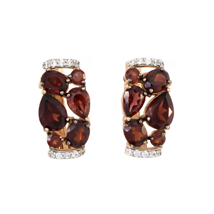 Серьги, золото, 585 проба, фианит, гранат