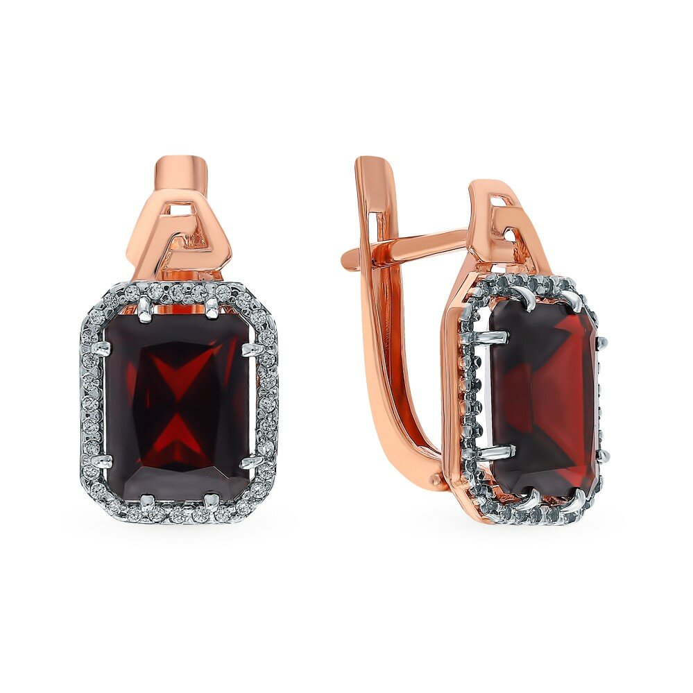 Серьги, золото, 585 проба, фианит, гранат