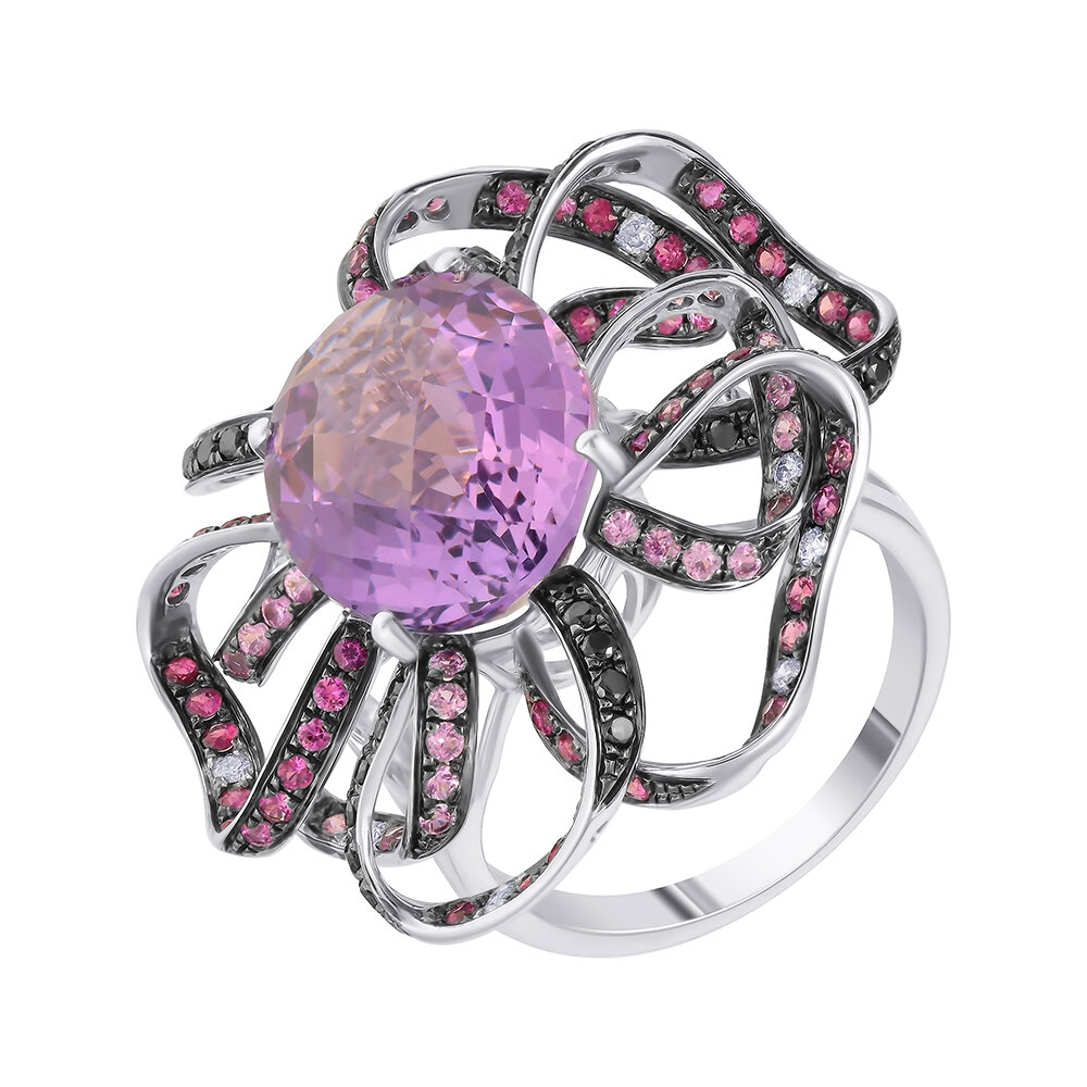 Кольцо JV, белое золото, 585 проба, аметист, сапфир, бриллиант