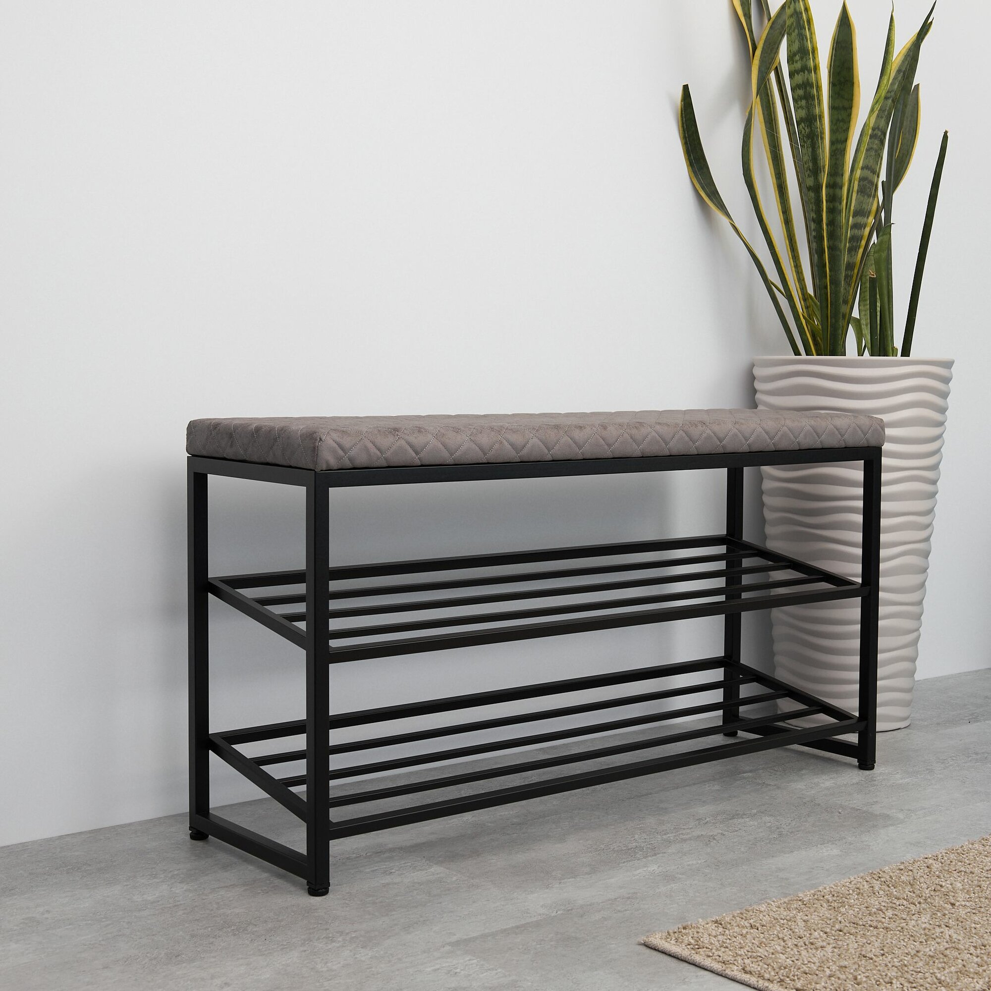 Обувница с мягким сиденьем "Эмили" / 100х30х52см / черный каркас - серо-коричневый велюр (стежка ромб)
