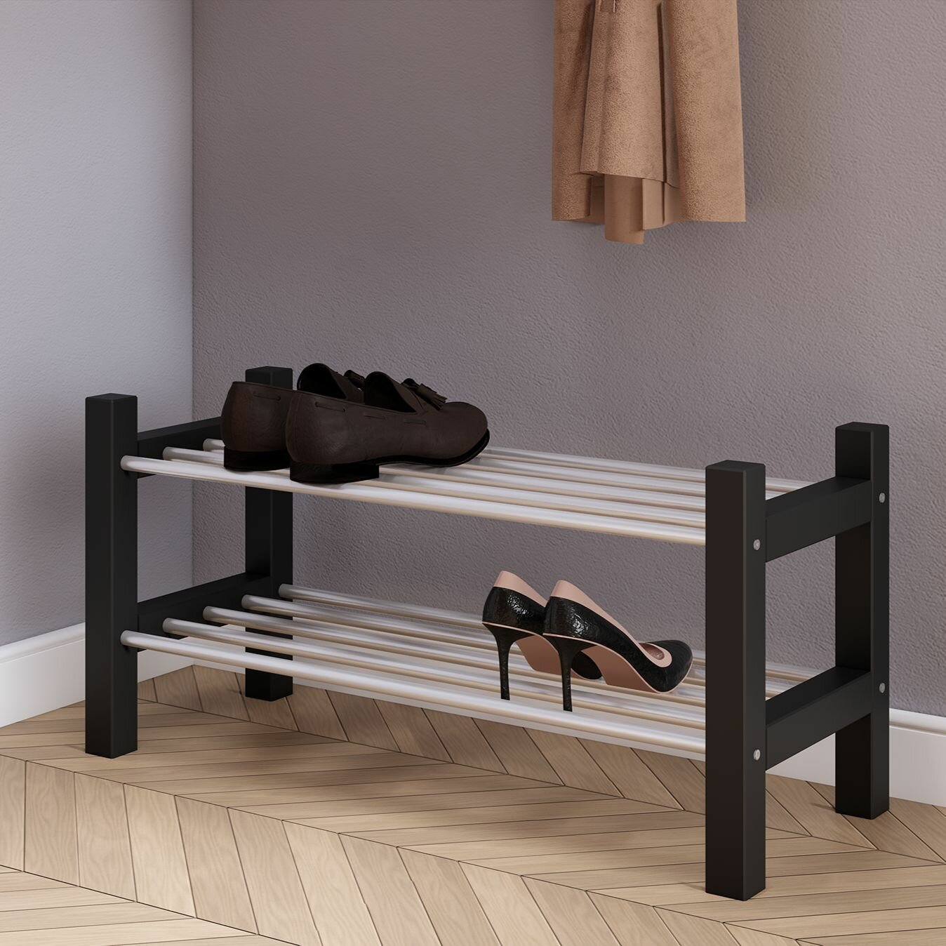 Этажерка для обуви мича из массива сосны с металлическими прутками удобная полка для прихожей
