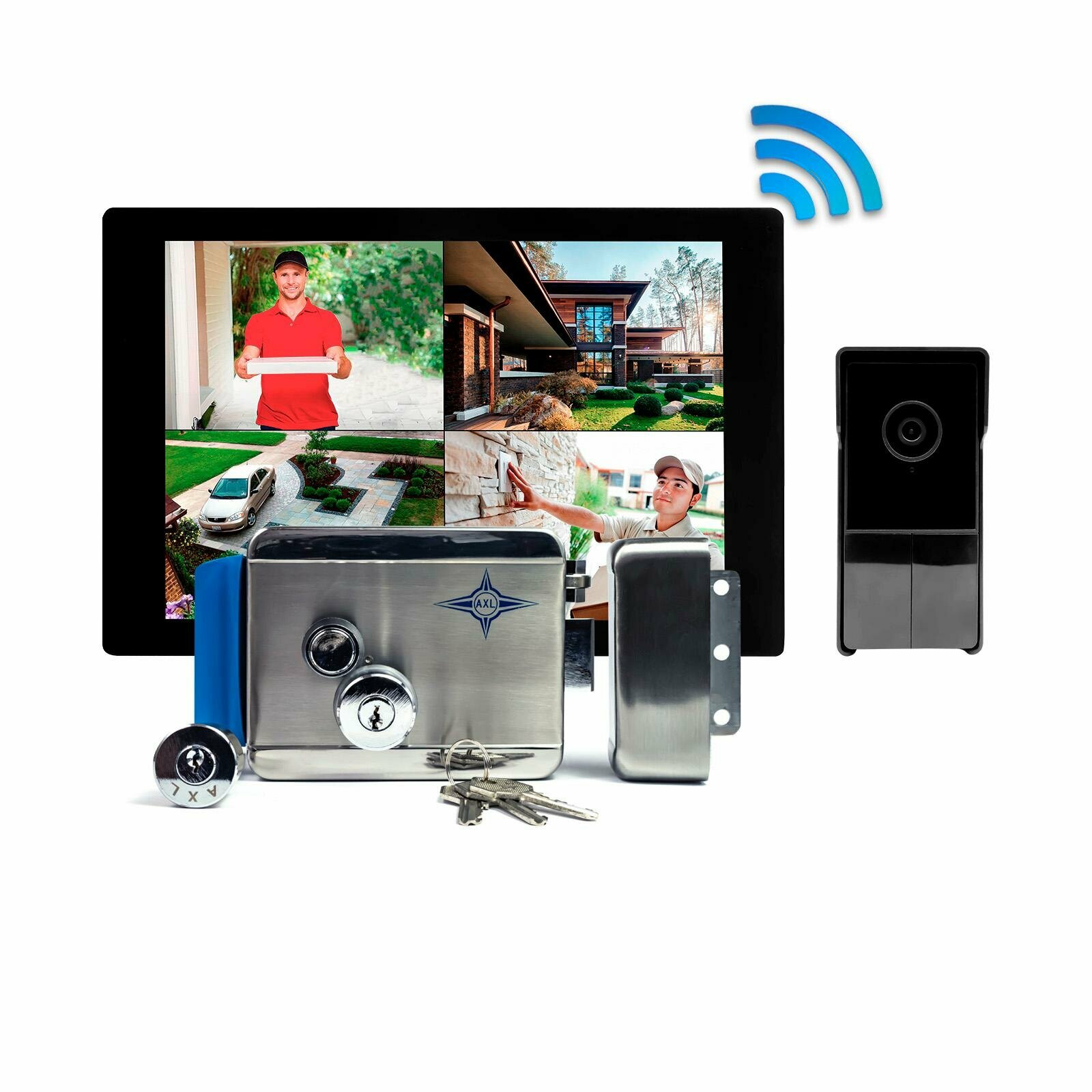 Беспроводной домофон TUYA с замком - SkyNet 1000 (1+0+AX091) (N50407RA): HD Wi-Fi экран 10 дюймов, вызывная панель и замок электромеханический