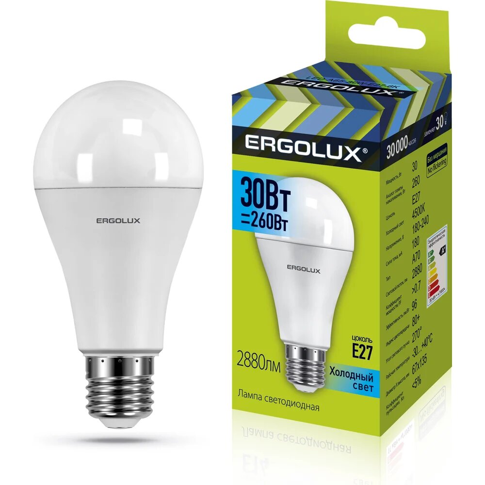 Светодиодная лампа Ergolux LED-A70-30W-E27-4K ЛОН, 30Вт, E27, 4500K 180-240В 14229