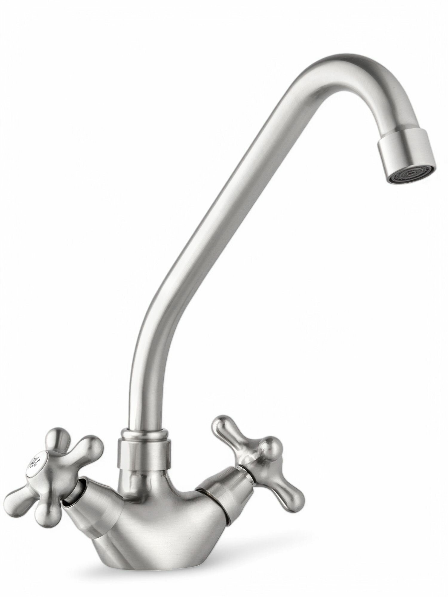 Смеситель для кухни с высоким изогнутым изливом и вентильными ручками, сатиновый