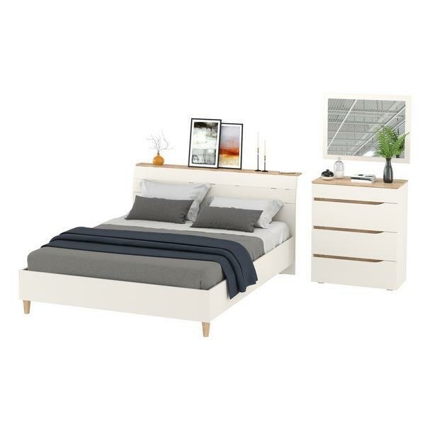 Муссон Кровать 11.41 + ортопед + Комод 13.97 + Зеркало СВК, цвет белый/дуб эндгрейн элегантный, сп. м. 1600х2000 мм, б/м