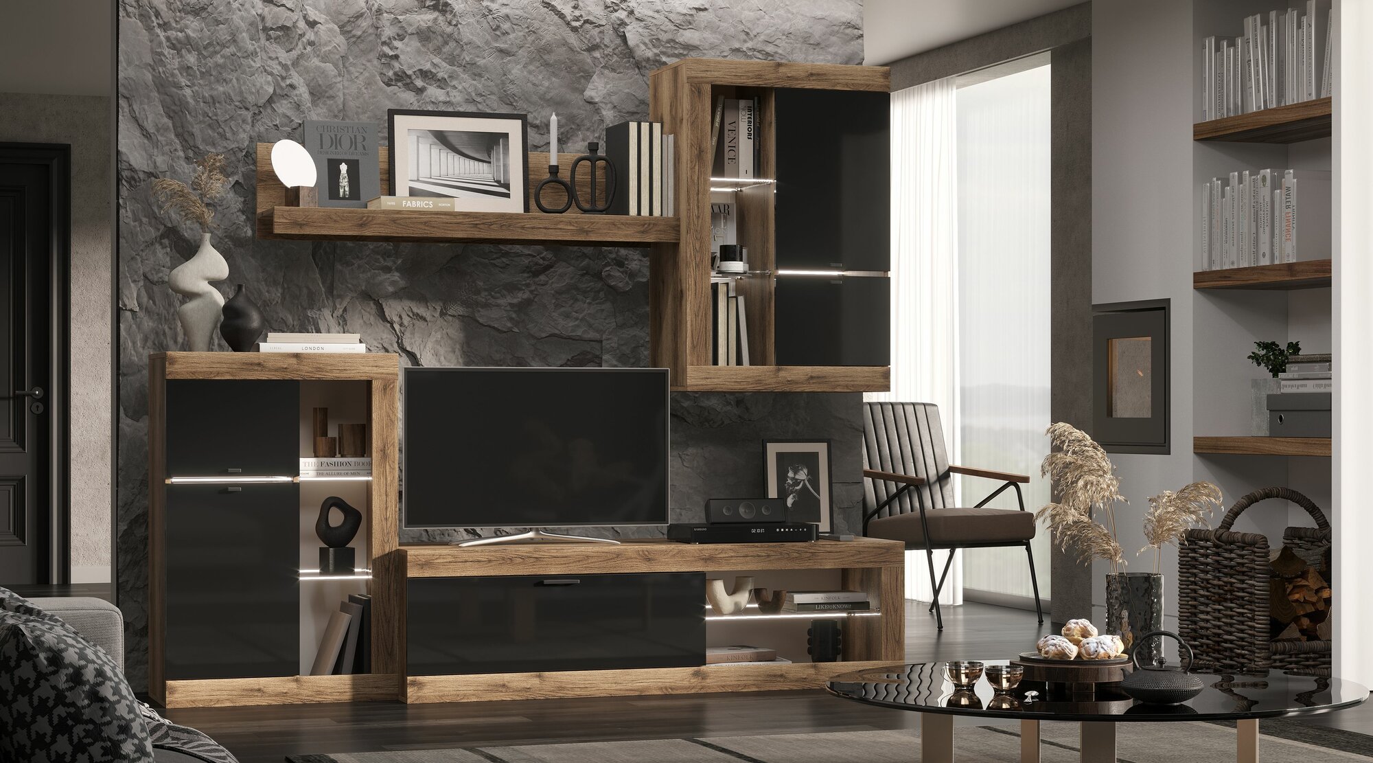 Комплект мебели для гостиной Прага (комп 51) Дуб Делано/Черный глянец