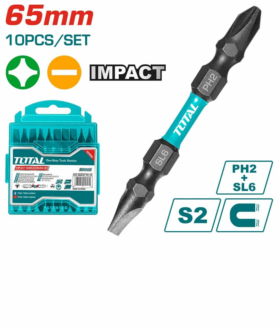 Набор ударных бит двусторонних PH2 + SL6 65мм 10 шт. TOTAL TACIM16HL133
