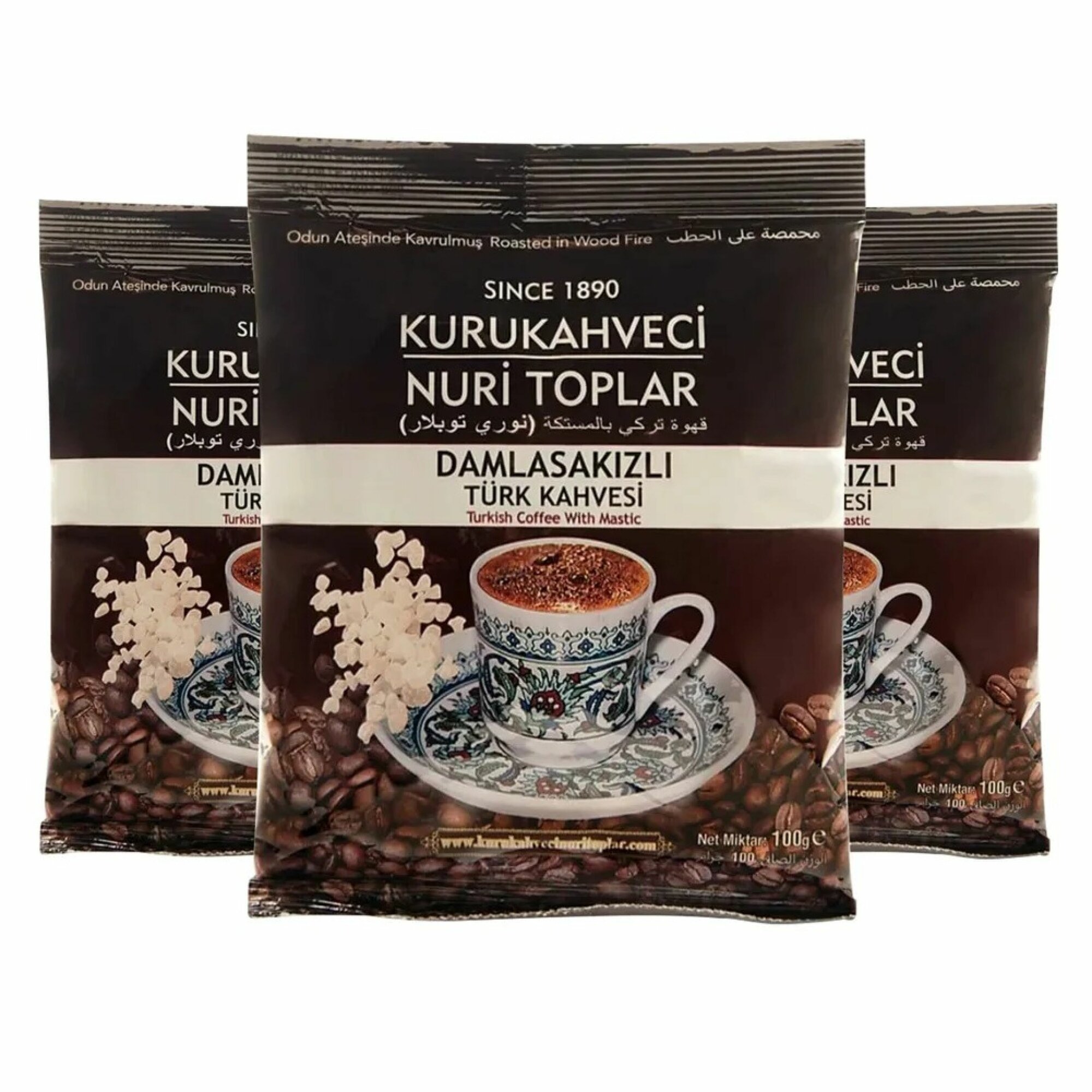 Турецкий кофе мелкого помола, средней обжарки на древесном угле с мастикой, "Kurukahveci Nuri Toplar", Damlasakizli Turk Kahvesi, 100гр. (3шт.)