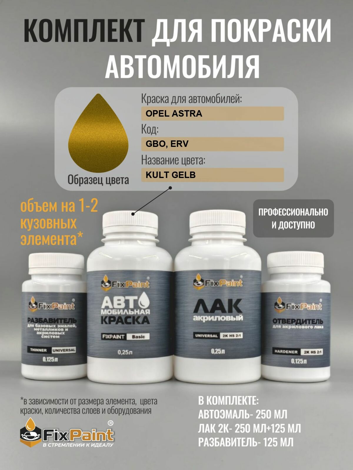 Комплект для покраски OPEL ASTRA, код GBO, ERV, KULT GELB, базовая автомобильная краска 250 мл, лак 2K 250 мл с отвердителем, разбавитель 125 мл, FixPaint Pro