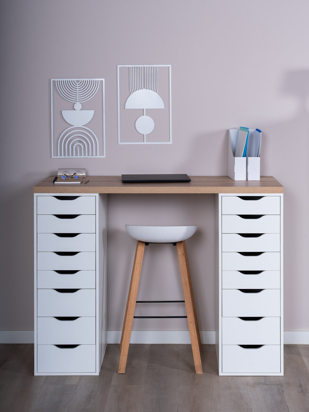 Стол письменный ГУД лакк Ингар, 16 ящиков, 140х106х55 см, белый, столешница дуб беленый