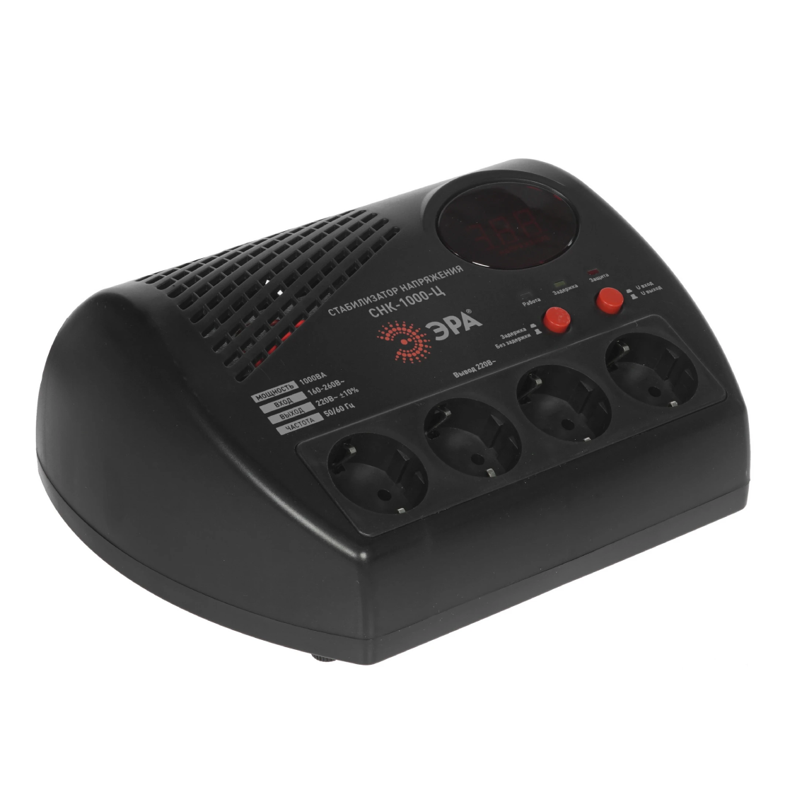 Стабилизатор напряжения ЭРА СНК-1000-Ц, релейный, 4 розетки с заземлением, 1000 ВА, IP20, дисплей, черный