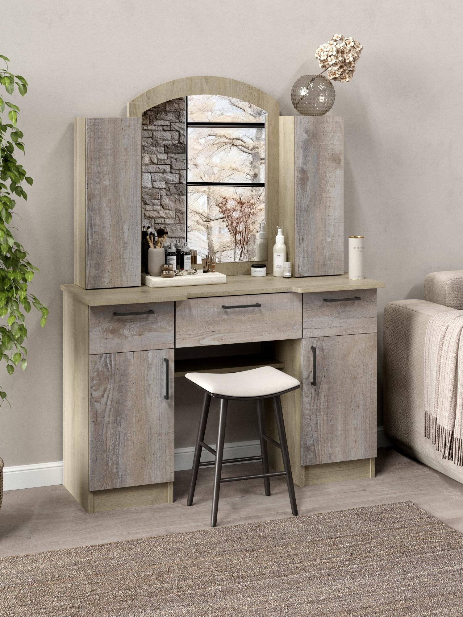 InHouse Туалетный столик КМ-18 Сонома/Рокпорт 110х40х147, фасады ЛДСП