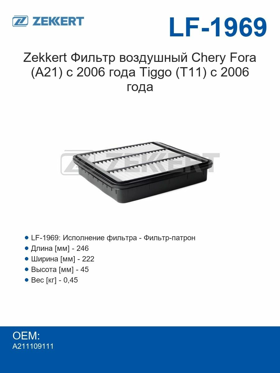 Zekkert Фильтр воздушный Chery Fora (A21) с 2006 года Tiggo (T11) с 2006 года