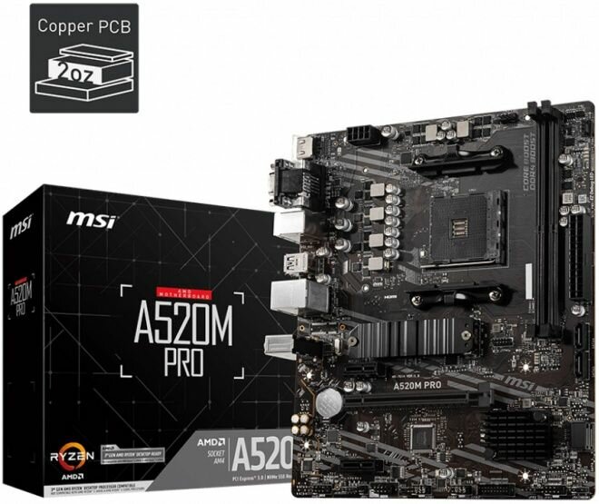Материнская плата MSI A520M PRO Soc-AM4 AMD A520 2xDDR4 mATX AC 97 8ch(7.1) GbLAN RAID+VGA+HDMI+DP
