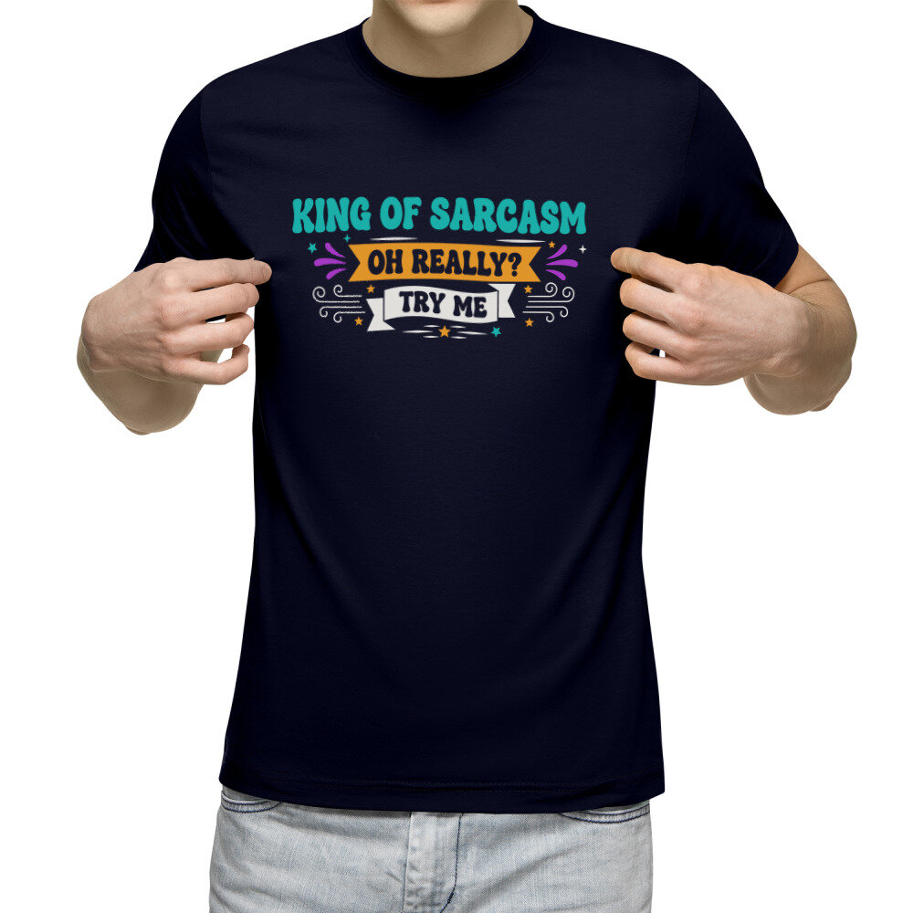 Мужская футболка «King of Sarcasm: Проверь меня» (темно-синий, 2XL)
