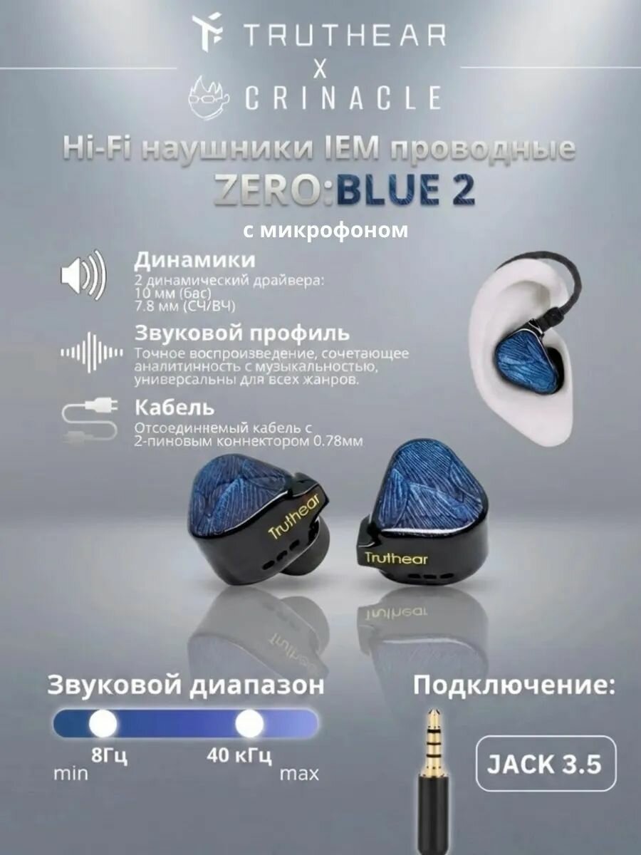 TRUTHEAR x Crinacle ZERO BLUE 2 с микрофоном, синий, проводные наушники