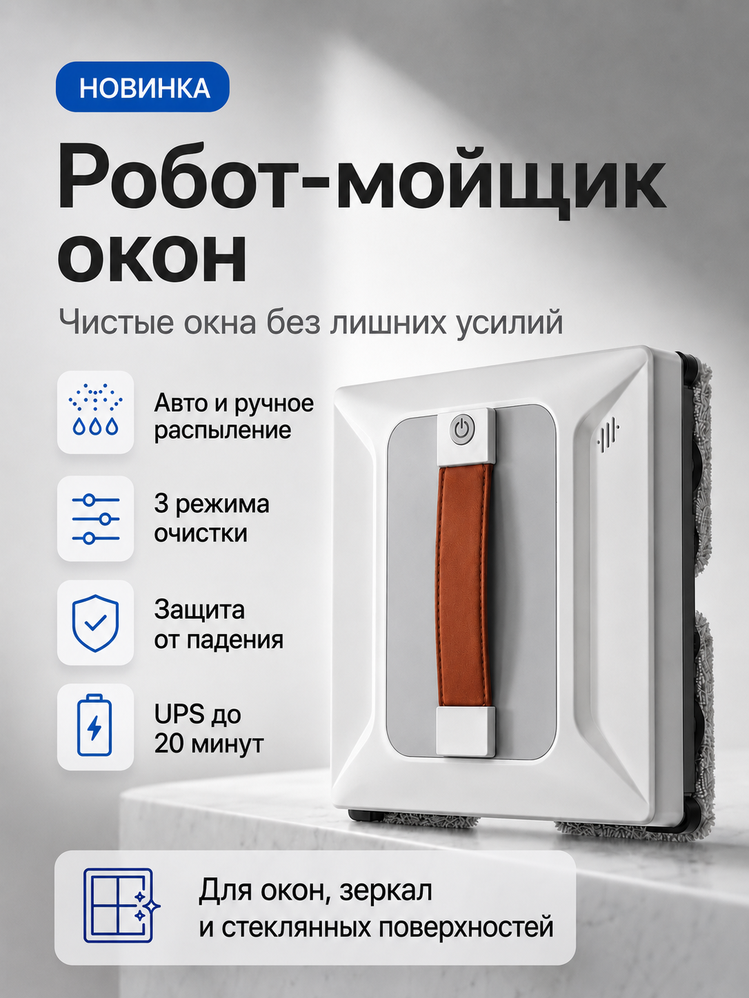 Робот мойщик окон квадратный ультратонкий, автоматический стеклоочиститель с 4 распылителями